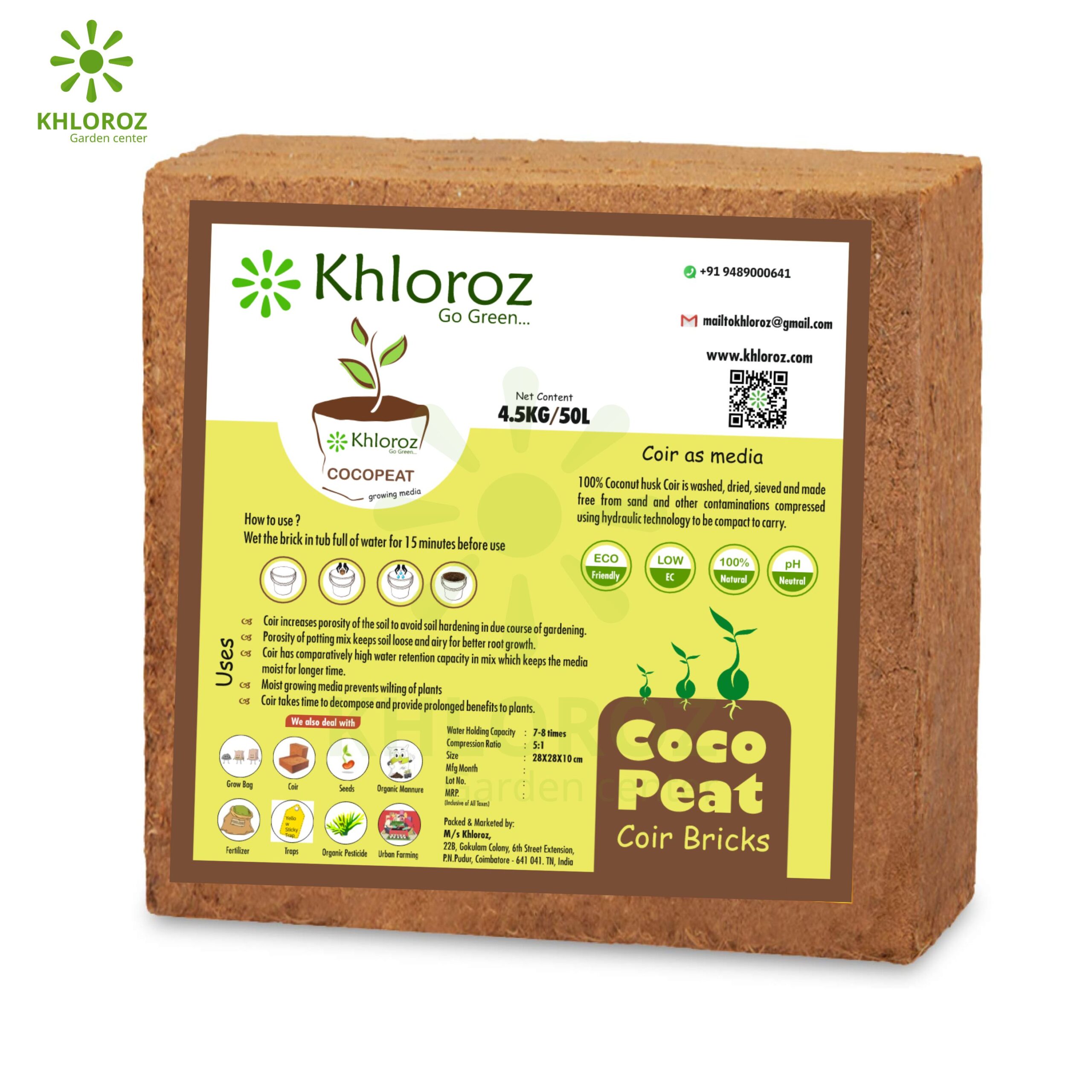Coco Peat 5 Kg | Expands upto 75 Liters | Low EC | Organic Bricks for Garden| – khloroz